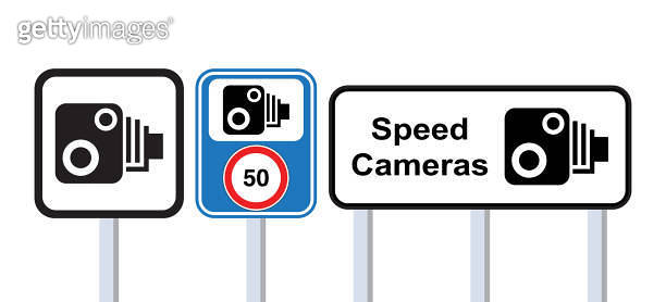 Speed-limit and traffic safety cameras. Blue and White Monochrome road ...
