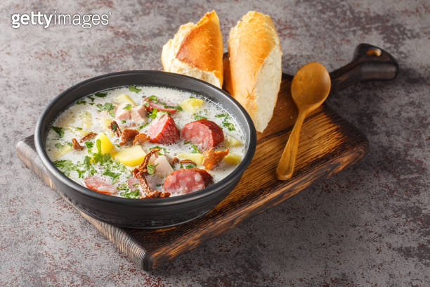 Zalewajka traditional rye sourdough and potatoes soup with sausage and ...