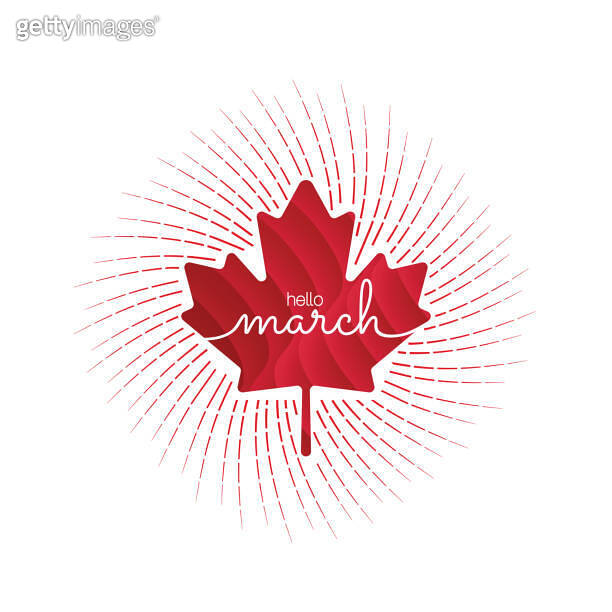 Canadian concept, handwritten March month name with a red maple leaf ...