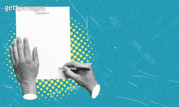 Contemporary art collage, hand with a sheet and signing a contract ...