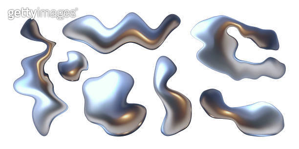 3d abstract liquid wave, chrome metal elements set. Y2K style. Vector ...