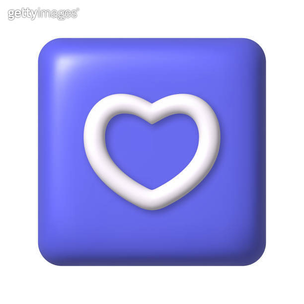 White outline heart icon on purple square button. 3D vector ...