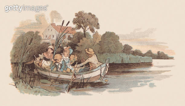 Boat trip on the lake, chromolithograph, published in 1888 이미지 ...