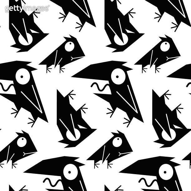 Seamless pattern with funny wild bird. Black cartoon crow, comic raven ...
