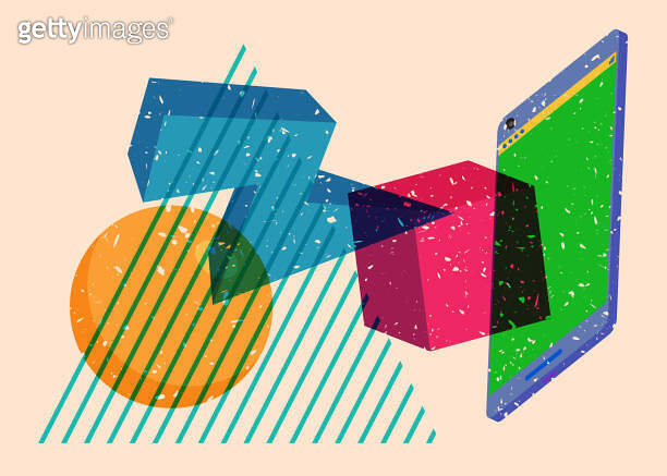 Risograph Smart Phone with geometric shapes. Objects in trendy riso ...