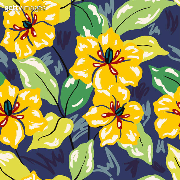 Seamless floral pattern, flower design: large yellow lily flowers ...