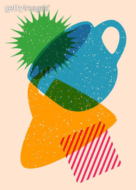 Risograph Coffee cup with speech bubble with geometric shapes. Objects ...