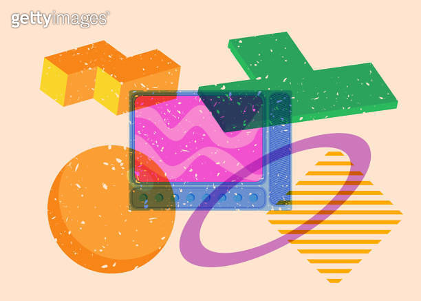 Risograph Television with geometric shapes. Objects in trendy riso ...