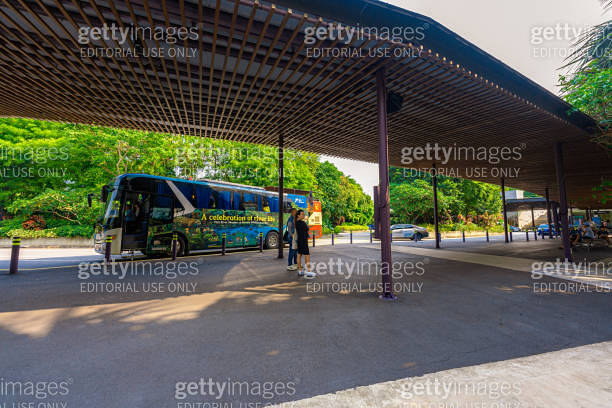 Bus stop at the famous Gardens By The Bay tourist area in Singapore ...