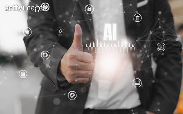 Businessman finger pointing AI virtual interface showing with data and ...