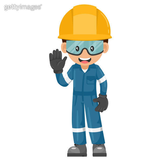 Industrial mechanical worker with his personal protective equipment saluting. Express an idea in ...