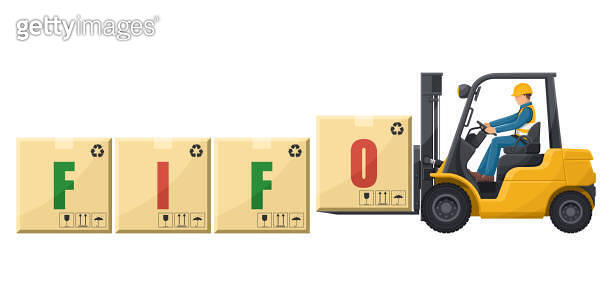 Industrial worker driving a forklift loading boxes. FIFO system. First ...