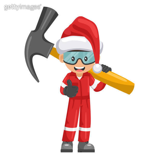 Industrial mechanic worker with Santa Claus hat carrying a giant hammer ...