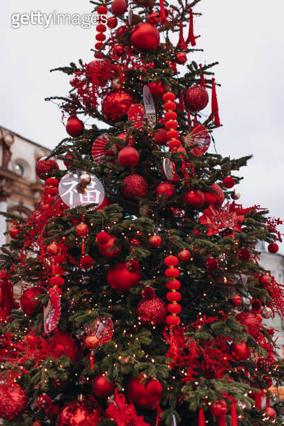 Christmas tree decorated with red Chinese style decorations, New Year ...