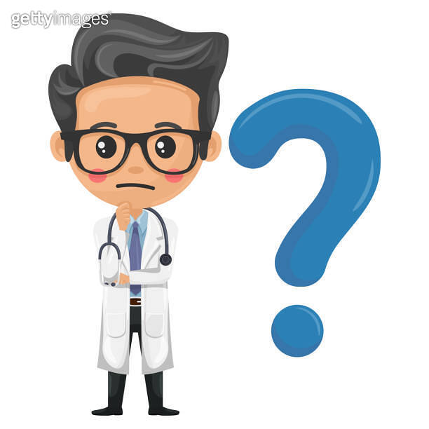 Doctor character cartoon expressing doubt, uncertainty with giant question sign. Question sign ...