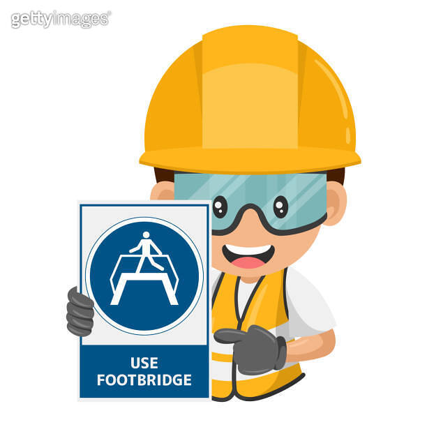Industrial worker with mandatory sign use footbridge. Using the ...