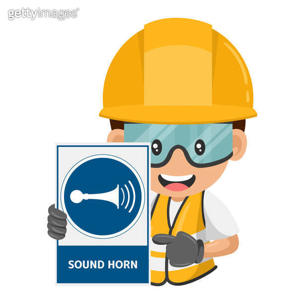 Industrial worker with mandatory sign sound horn. Sound horn of the ...