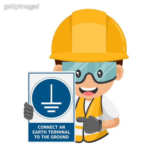 Industrial construction worker with mandatory sign Connect an earth ...