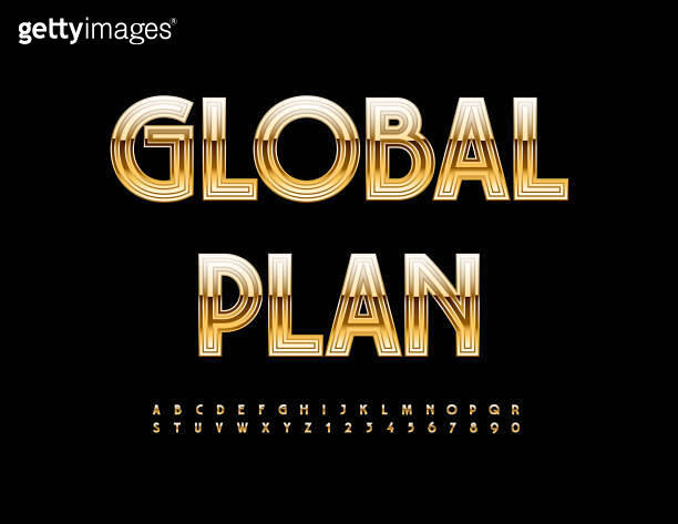 Vector premium sign Global Plan. Gold Alphabet Letters and Numbers set ...