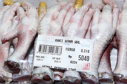 Chicken feet that have been neatly packaged complete with price tags ...
