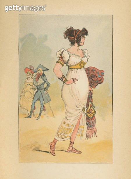 1800s Regency Fashion, Ladies Empire Dress with Puff Sleeves and Psyche ...