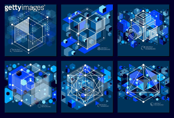 Isometric abstract dark blue backgrounds set with linear dimensional ...