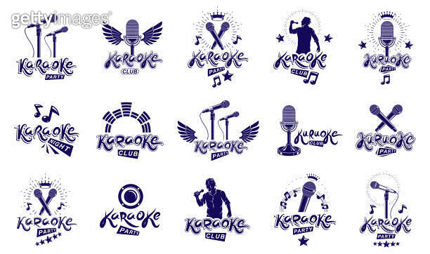 Karaoke logos and emblems vector set, microphones and musical notes ...