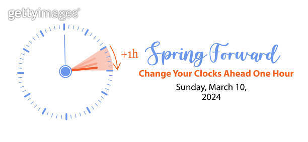 Spring Forward 2024 banner. Alarm clock set forward one hour and ...