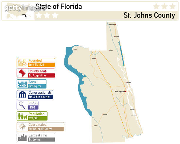 Detailed infographic and map of St. Johns County in Florida USA ...