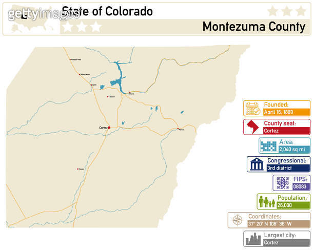 Detailed infographic and map of Montezuma County in Colorado USA. 이미지 ...
