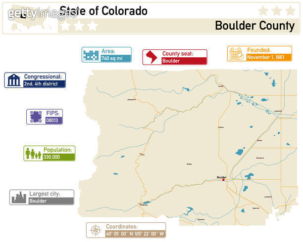 Detailed infographic and map of Boulder County in Colorado USA. 이미지 ...
