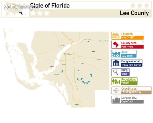Detailed infographic and map of Lee County in Florida USA. 이미지 ...