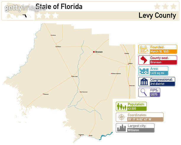 Detailed infographic and map of Levy County in Florida USA. 이미지 ...