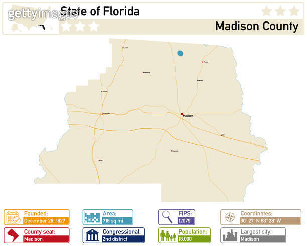 Detailed infographic and map of Madison County in Florida USA. 이미지 ...