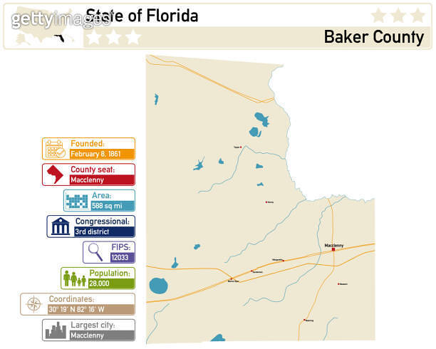 Detailed infographic and map of Baker County in Florida USA. 이미지 ...