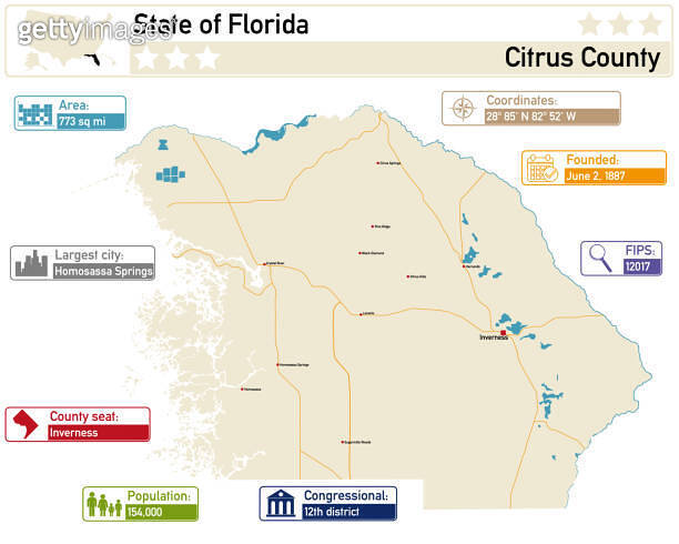 Detailed infographic and map of Citrus County in Florida USA. 이미지 ...