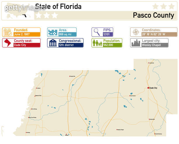 Detailed infographic and map of Pasco County in Florida USA. 이미지 ...