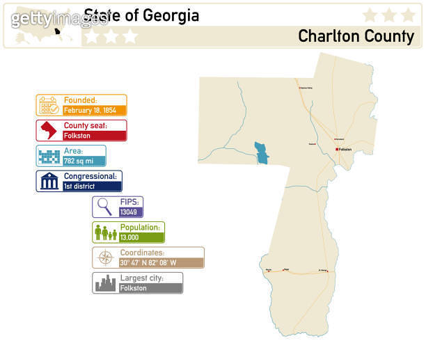 Detailed infographic and map of Charlton County in Georgia USA. 이미지 ...