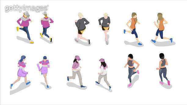 isometric set of woman people running pose activity (2159676012) 일러스트 ...
