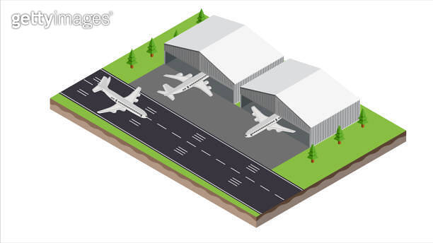 isometric scene of transport airplane in runway and hangar (2153256777 ...