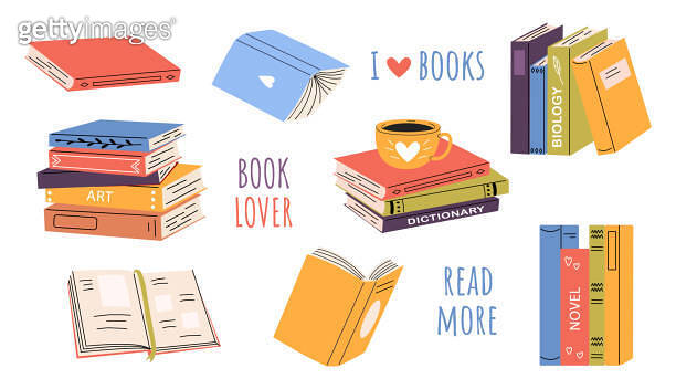 Large set with open and closed textbooks, stacks of books in different ...