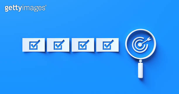 Target goal and correct icons with magnifying glass, Business strategy ...
