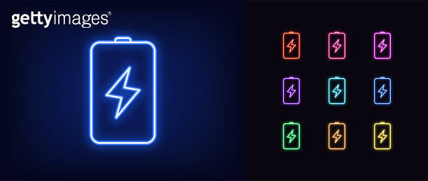 Outline neon battery icon set. Glowing neon battery sign with electric ...