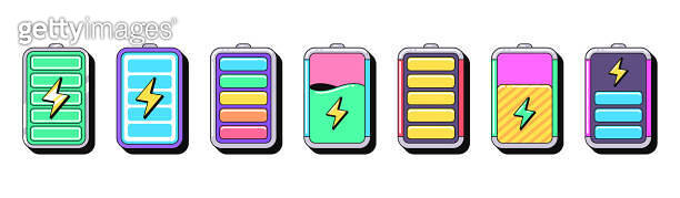 Isolated retro battery icon set, vector stickers. Electric accumulator ...