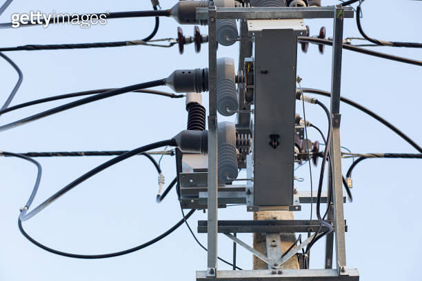 Electrical power transformer wiring connection point at concrete pole ...