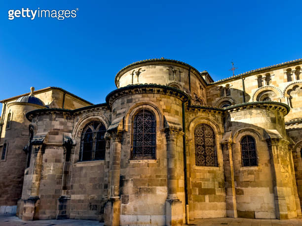 Ancient historic building, Valence Cathedral exterior over sunny sky ...