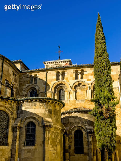 Ancient historic building, Valence Cathedral exterior over sunny sky ...