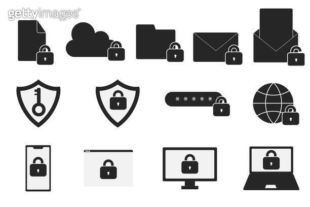 Monochrome icon set with lock on phone, computer, browser, cloud, and ...