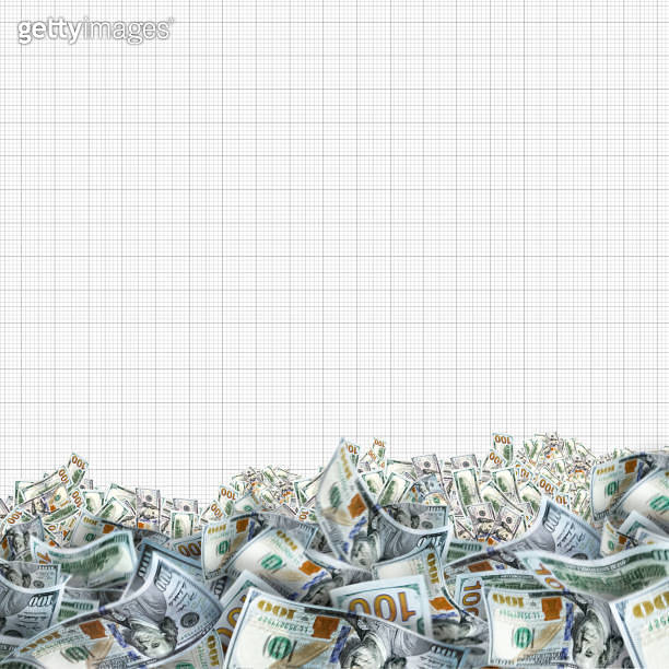 Large group of American one hundred dollar bills pile over empty chart ...