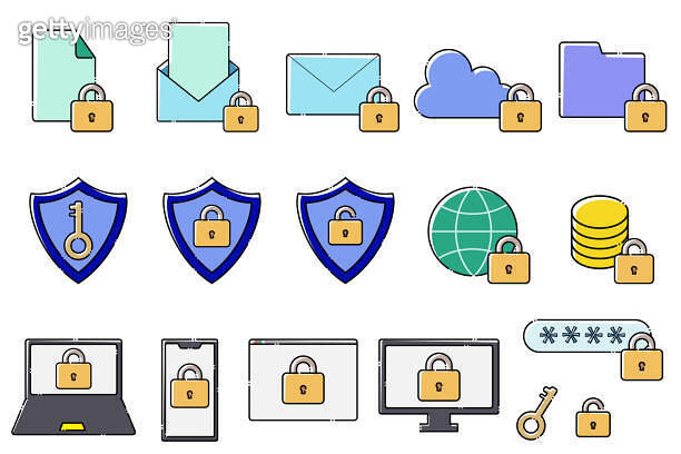 Set of security icons with interrupted lines. Illustration of a locked ...
